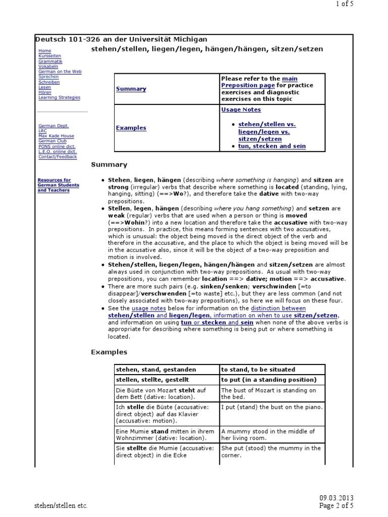 Stehen Stellen Etc. | PDF | Preposition And Postposition | Object (Grammar)