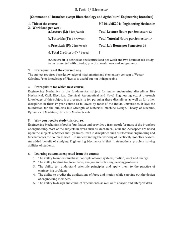 B.Tech Ist Year Syllabus PDF | PDF | Classical Mechanics | Mechanical Engineering