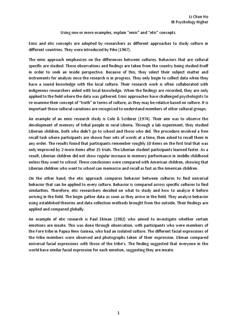 Using One or More Examples Explain Emic and Etic Concepts | PDF ...