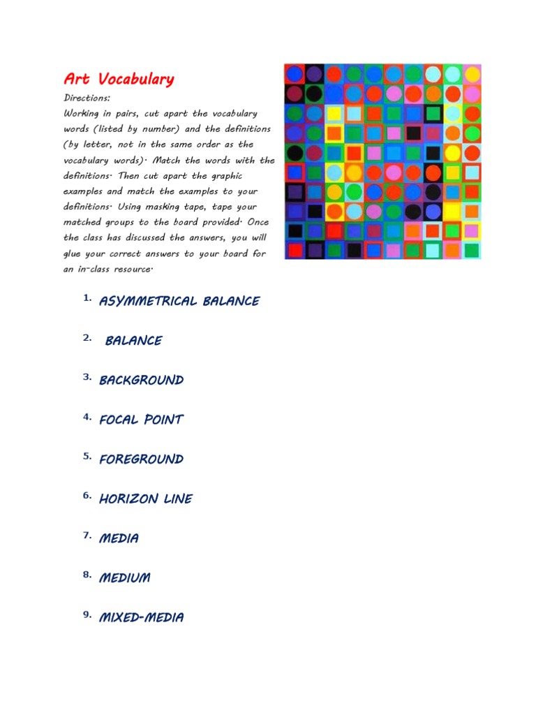 Art Vocabulary Matching Activity | PDF | Language Arts & Discipline ...