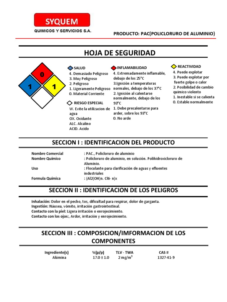 Hoja - de - Seguridad Pac (Policloruro de Aluminio) | PDF | Aluminio ...