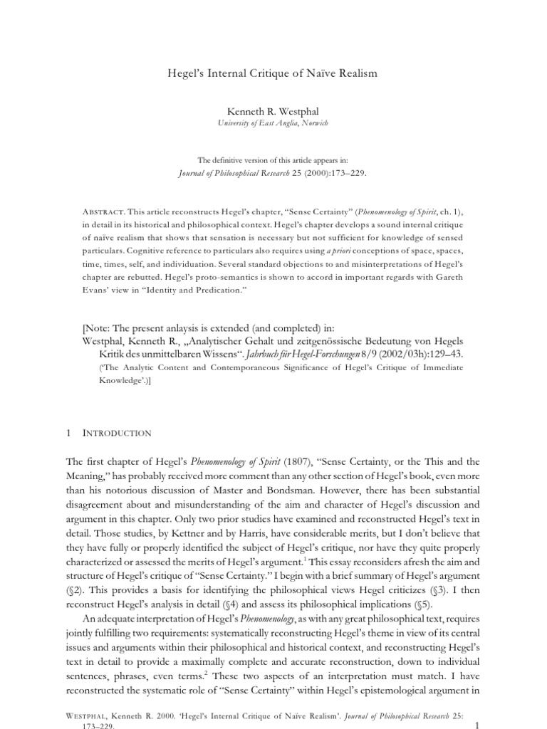 K.R. Westphal - Hegel's Internal Critique of Naïve Realism | PDF ...