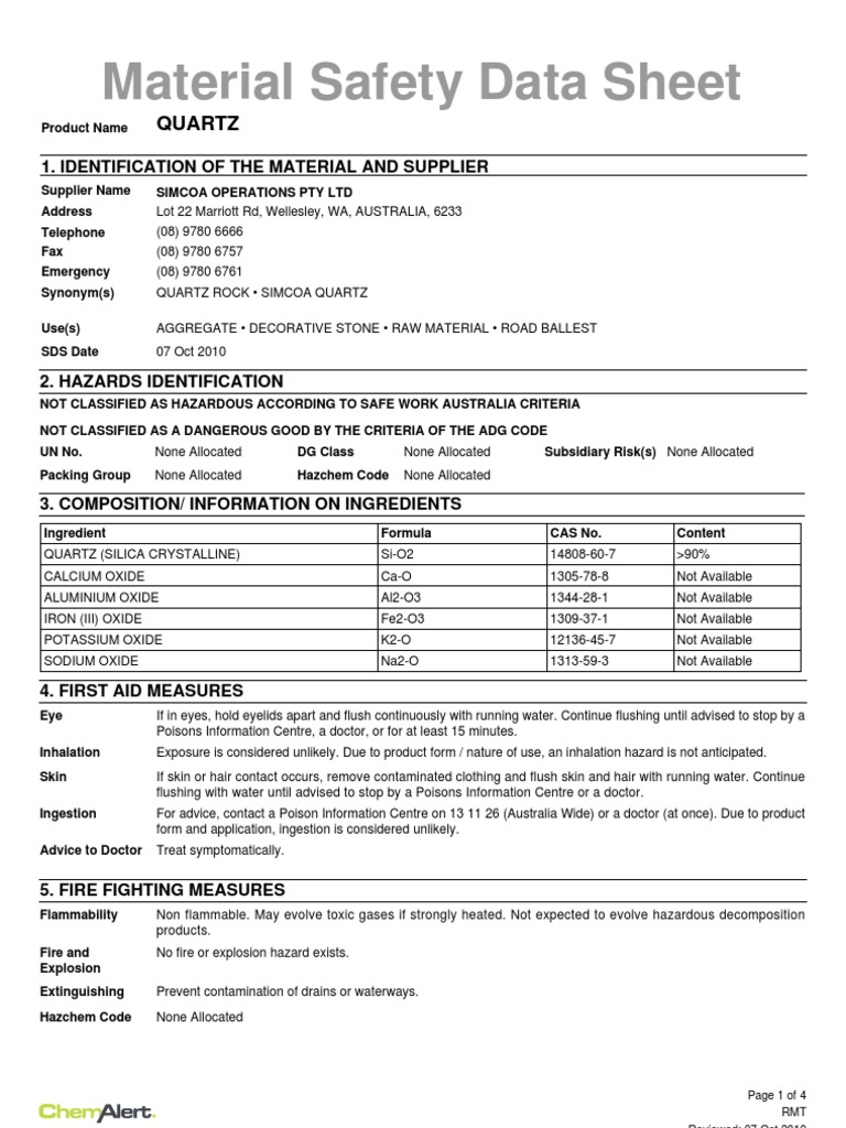 MSDS Quartz | Silicon Dioxide | Chemical Substances