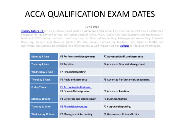 ACCA June 2013 Exam Dates | PDF