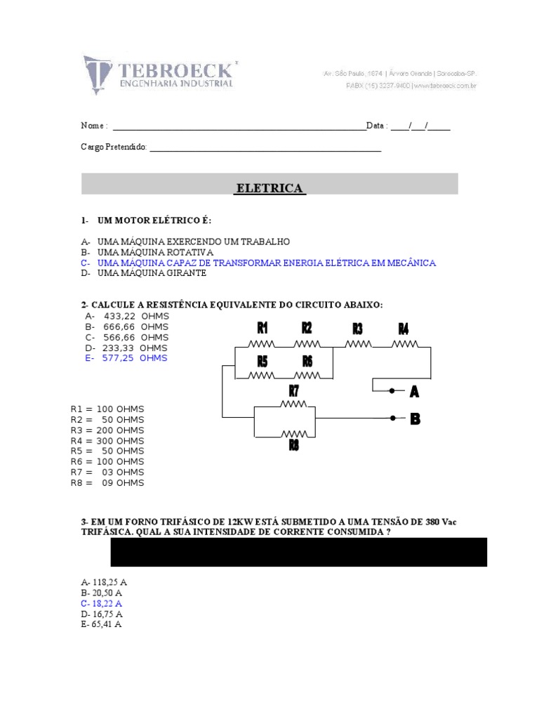 Teste de Elétrica Oficial Com Respostas | PDF | Corrente alternada ...