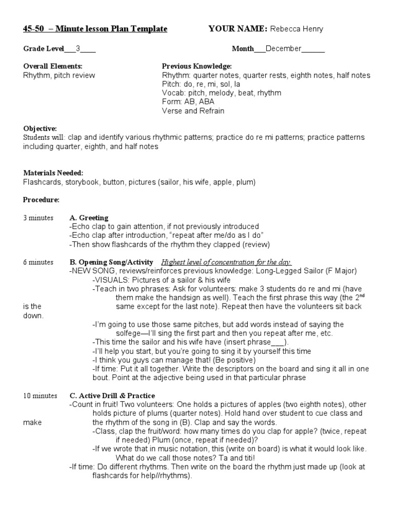 General Music Lesson Plan | Rhythm | Lesson Plan