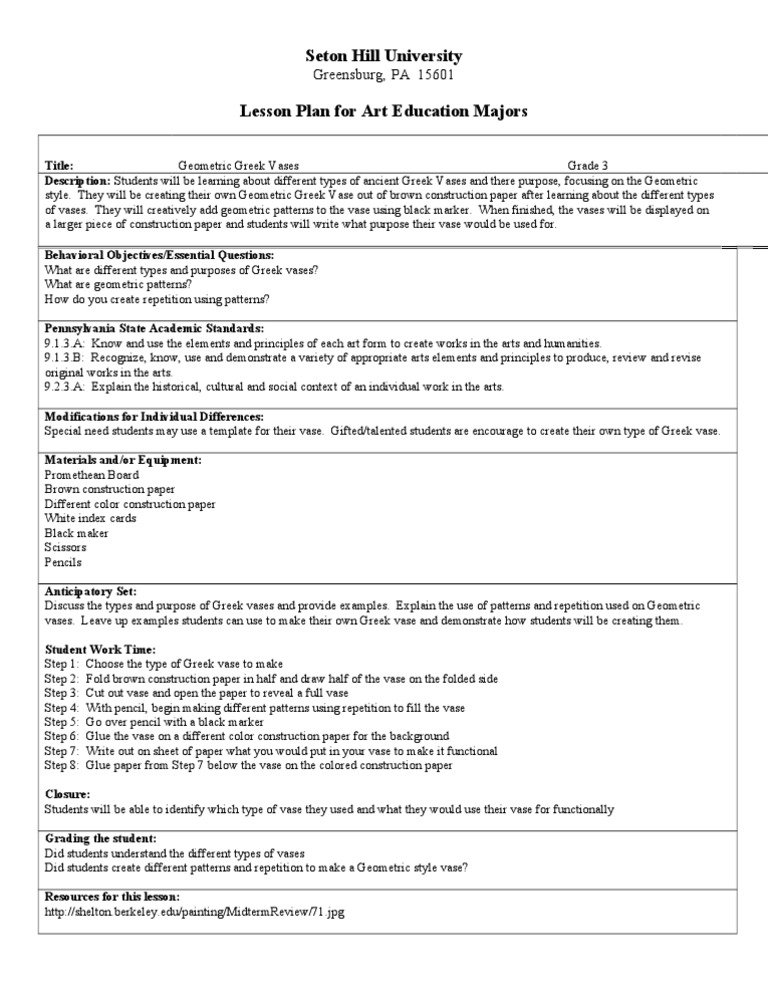Greek Vase Lesson | PDF | Paper | Lesson Plan