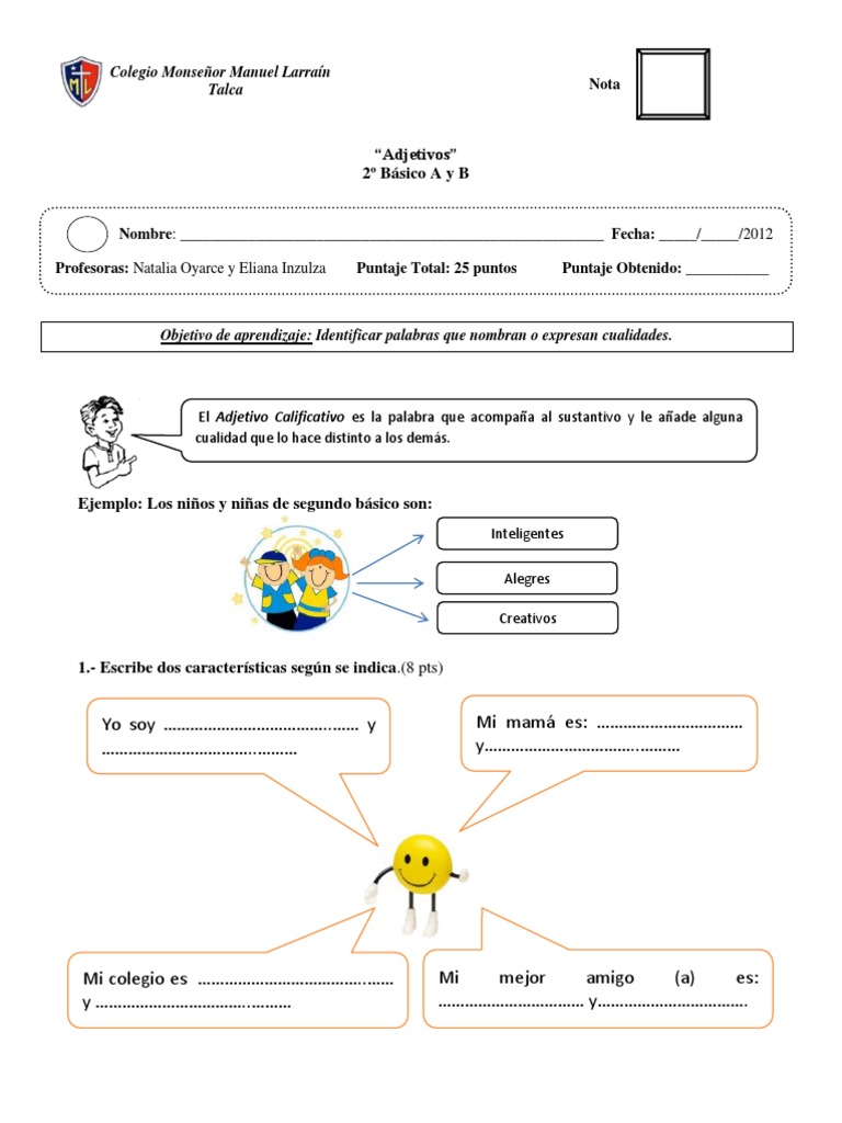 Actividades de Adjetivos para 2º Básico | PDF