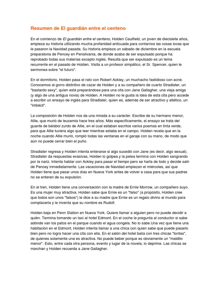 Resumen de El Guardián Entre El Centeno | PDF