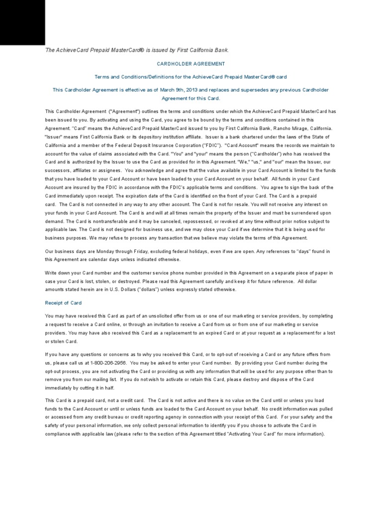 AchieveCard Prepaid MasterCard Cardholder Agreement | PDF | Debit Card ...