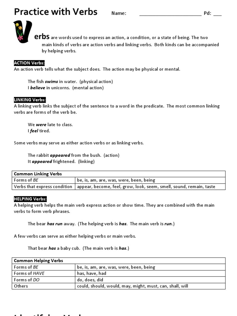 Action Linking and Helping Verbs Intro Practice | PDF | Verb | Subject ...