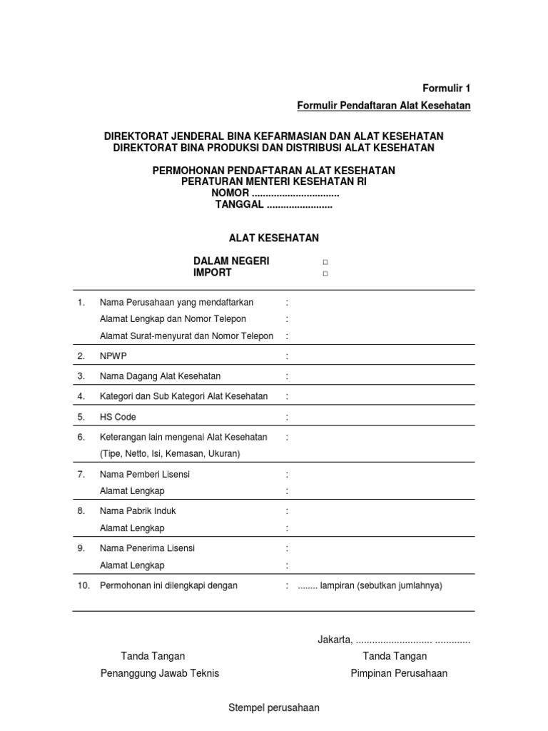 BLANKO PERMOHONAN Izin Edar Alkes PKRT Permenkes 1190-2010 (FORM) | PDF ...
