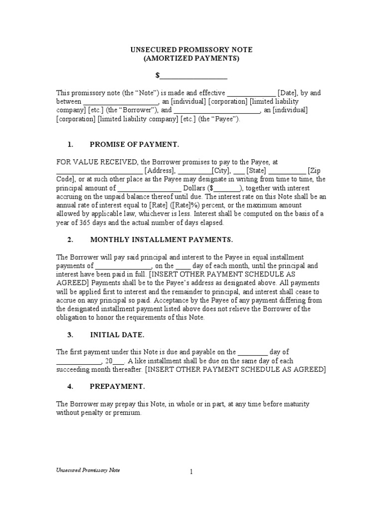 Unsecured Promissory Note Amortized | Promissory Note | Debtor