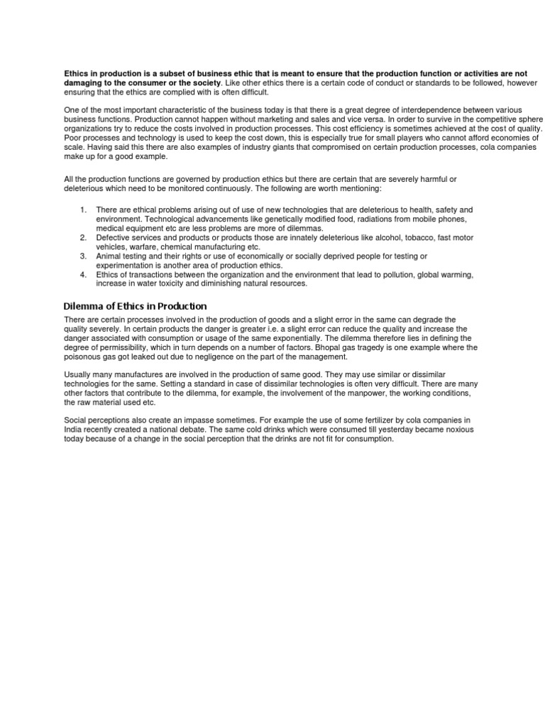 Ethics in Production | PDF | Production Function | Quality (Business)