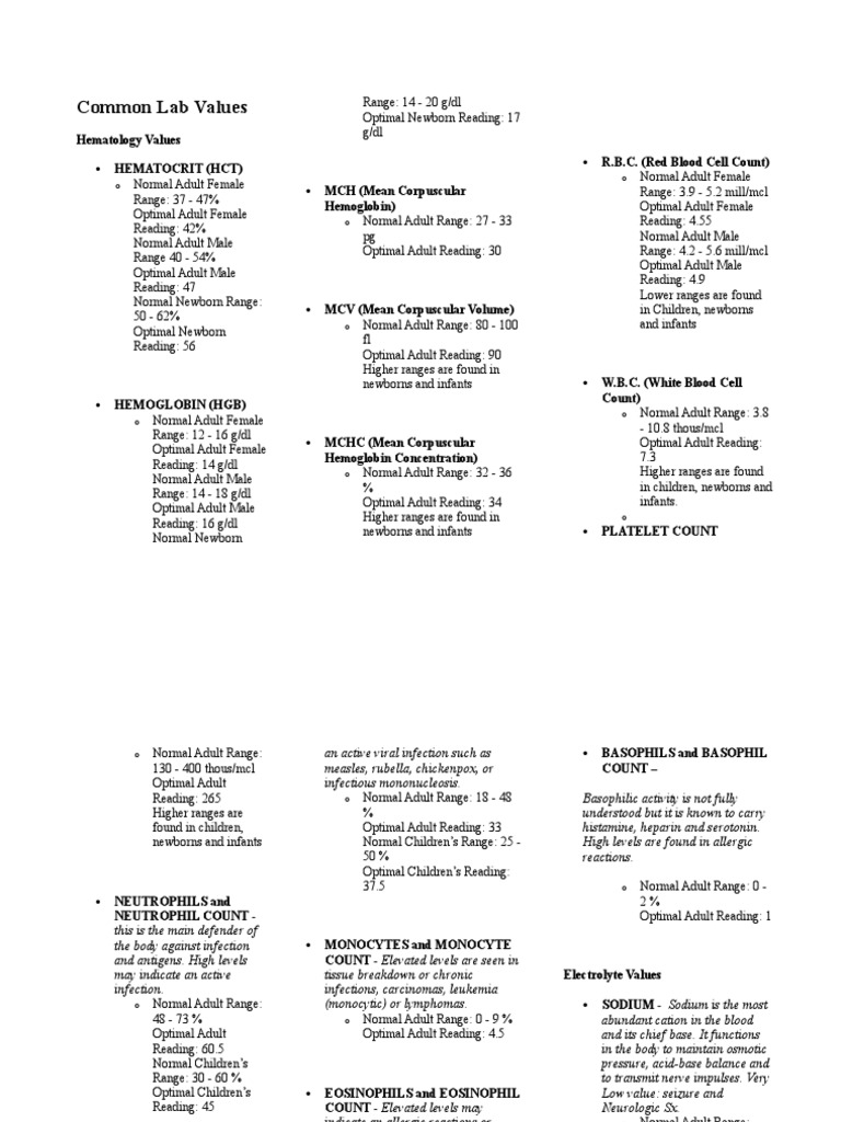 Common Lab Values | PDF | Lactate Dehydrogenase | Thyroid Stimulating ...