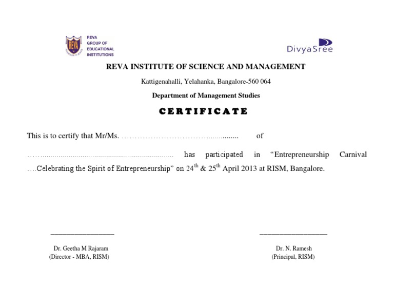 Certificate: Reva Institute of Science and Management | PDF