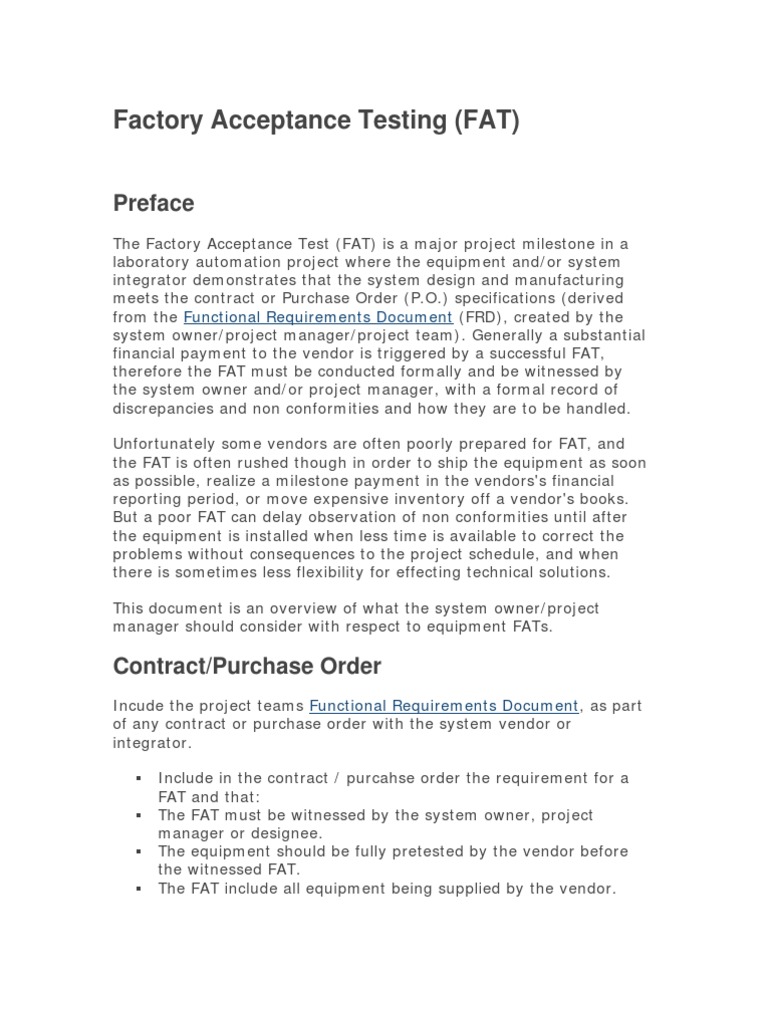 FAT Document | Specification (Technical Standard) | Systems Engineering
