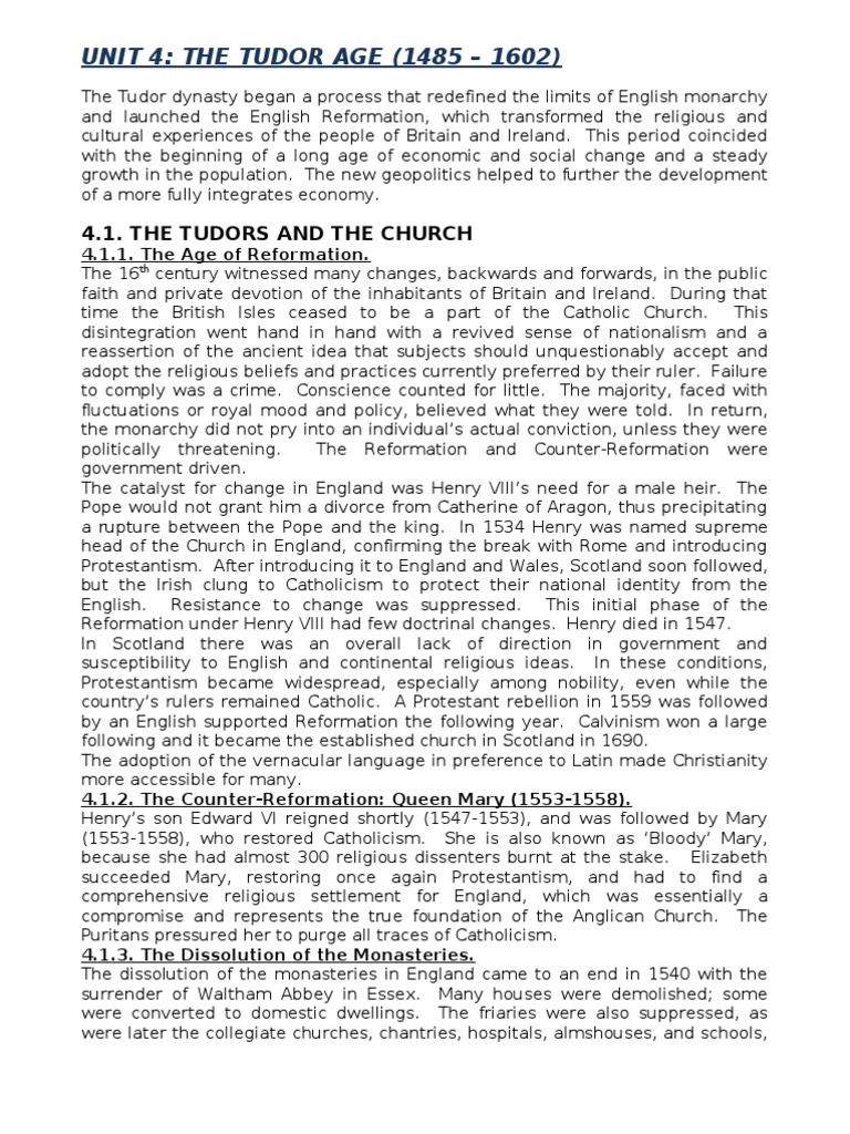 UNIT 4: THE TUDOR AGE (1485 - 1602) : 4.1. The Tudors and The Church ...