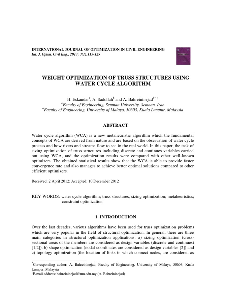 Weight Optimization of Truss Structures Using Water Cycle Algorithm | PDF | Mathematical ...