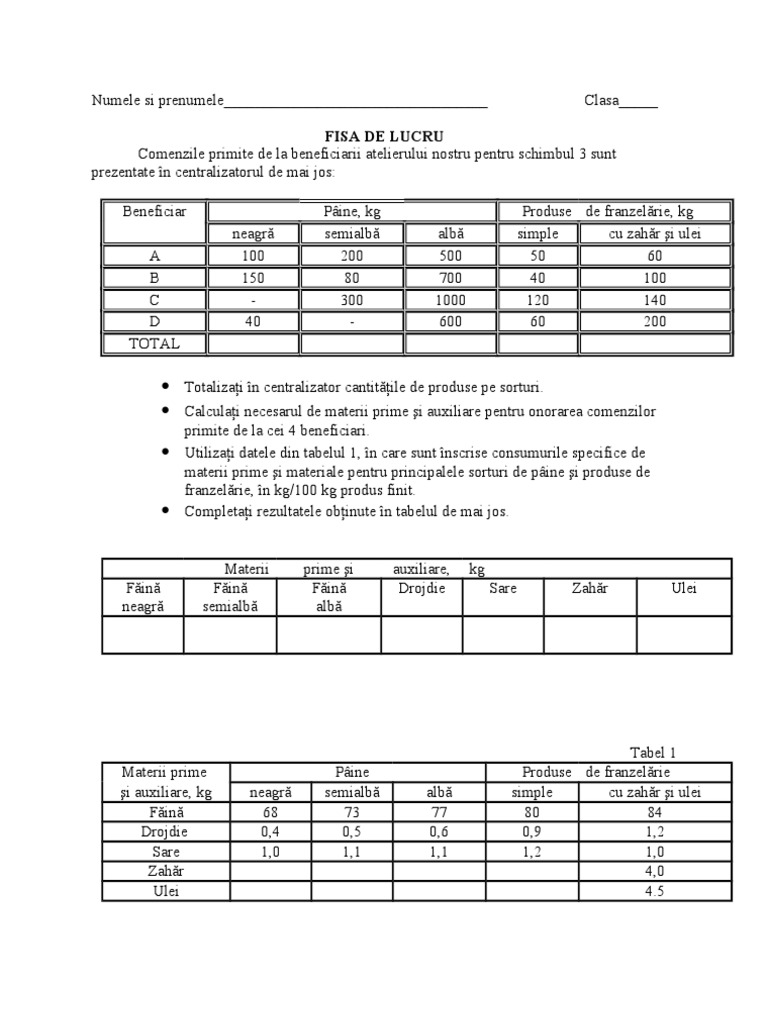 Fisa de Lucru Paine Calcule | PDF