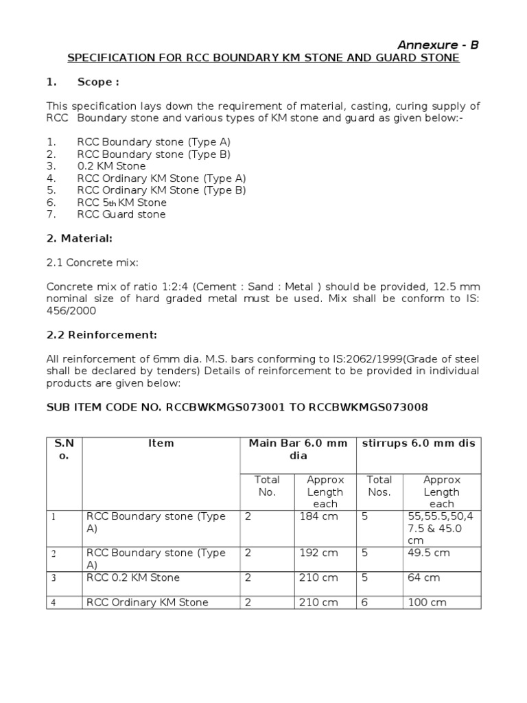 Specification For RCC Boundary KM Stone and Guard Stone 1. Scope | PDF ...