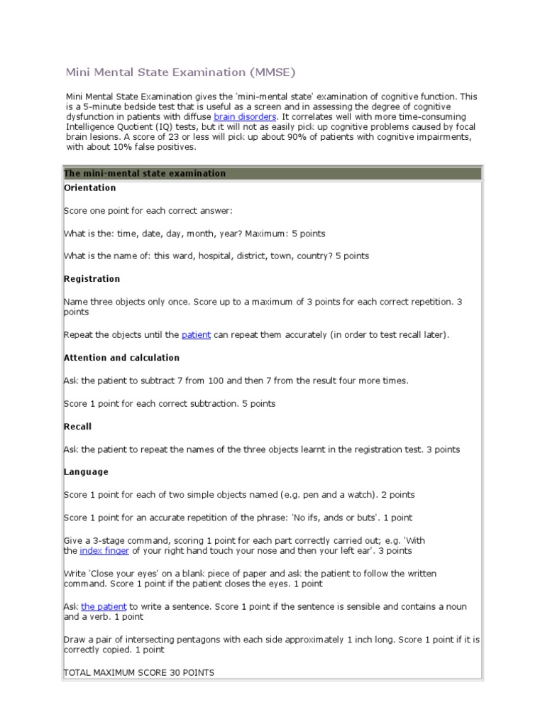 Mini Mental State Examination | PDF
