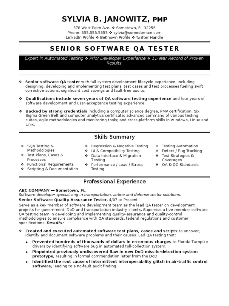 Sample Resume QA Software Tester Experienced | PDF