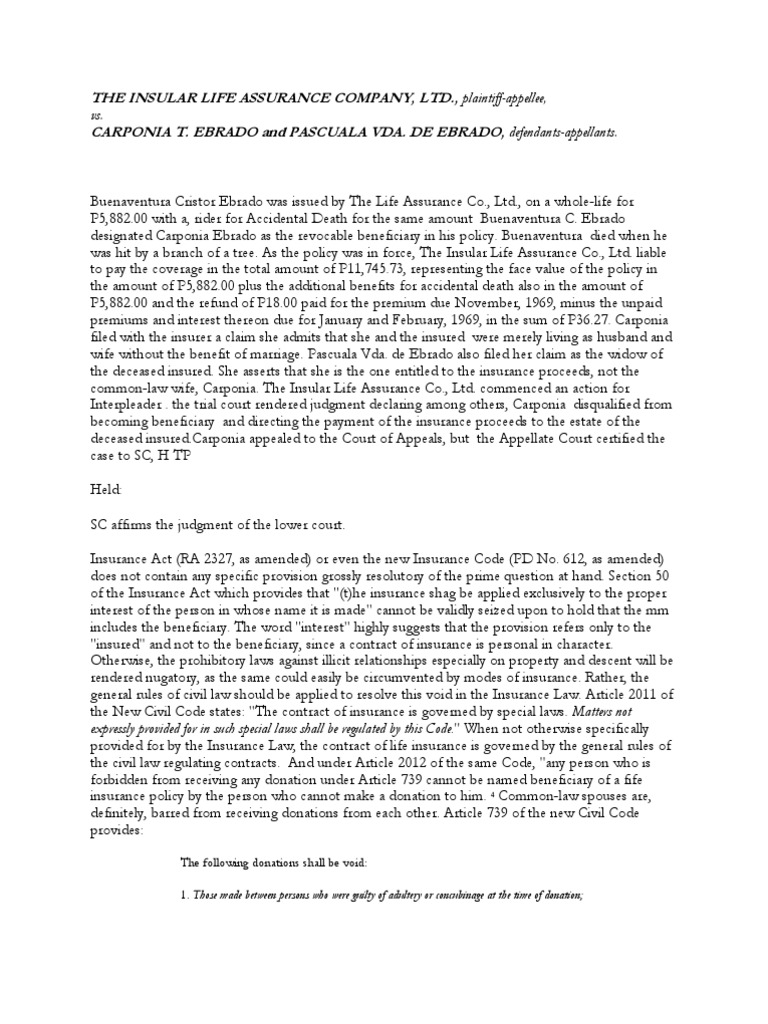 The Insular Life v. Ebrado Digest | PDF | Life Insurance | Insurance