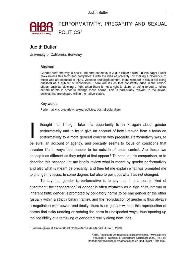 Performativity, Precarity and Sexual Politics Judith Butler 2009 | PDF ...
