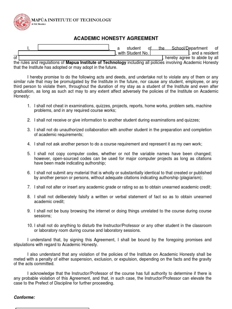 Academic Honesty Agreement | PDF | Academic Dishonesty | Social ...