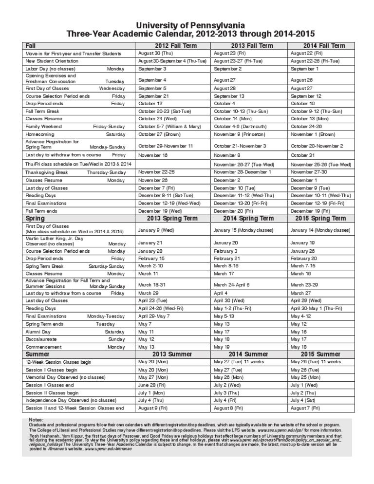 University of Pennsylvania Three-Year Academic Calendar, 2012-2013 ...