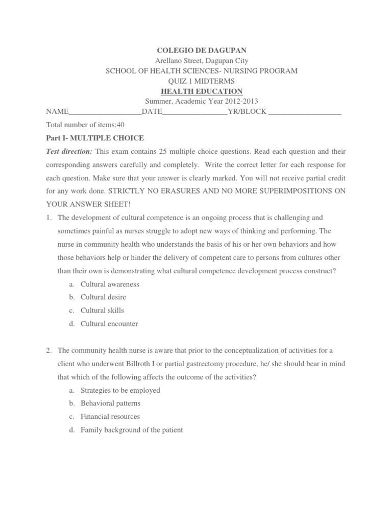 Health Education Midterm Quiz 2012-2013 | PDF | Behavior | Nursing