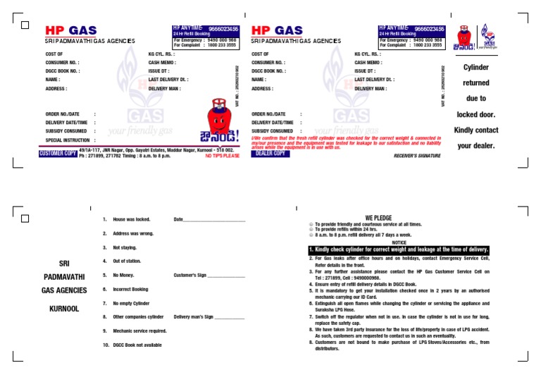 Gas cylinder delivery receipt and customer information pamphlet from ...