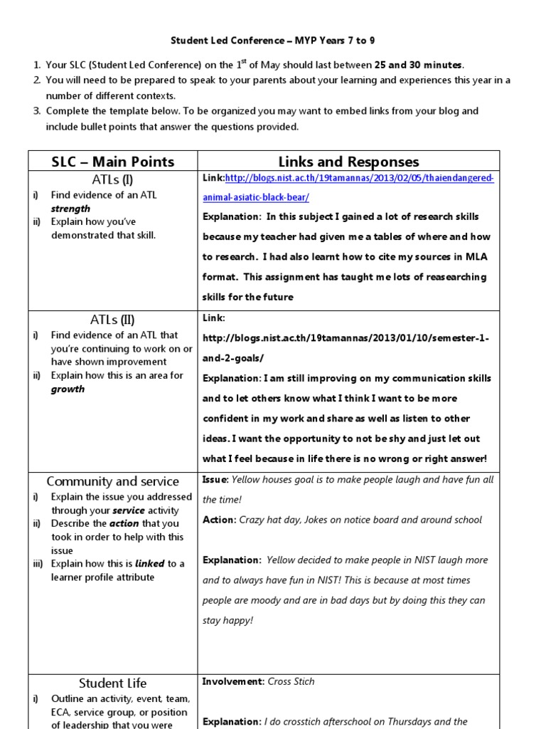 Student Led Conference Guide MYP 7-9 | PDF | Educational Psychology ...
