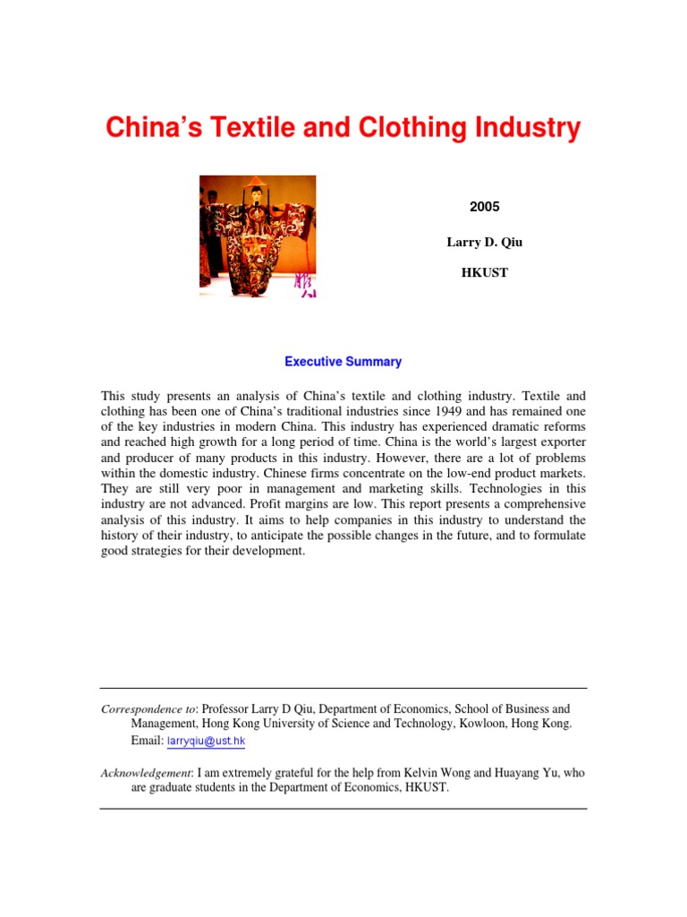 China's Textile and Clothing Industry: 2005 Larry D. Qiu Hkust | PDF ...