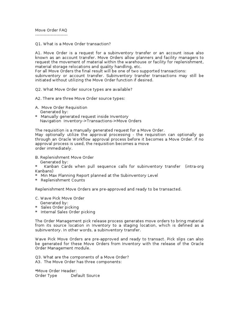 Move Order FAQ | Download Free PDF | Business Process | Inventory