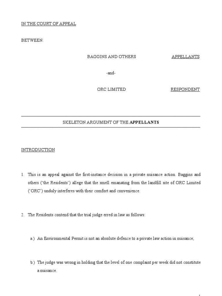 UKELA Junior Moot Appellant Skeleton | PDF | Nuisance | Sovereign Immunity
