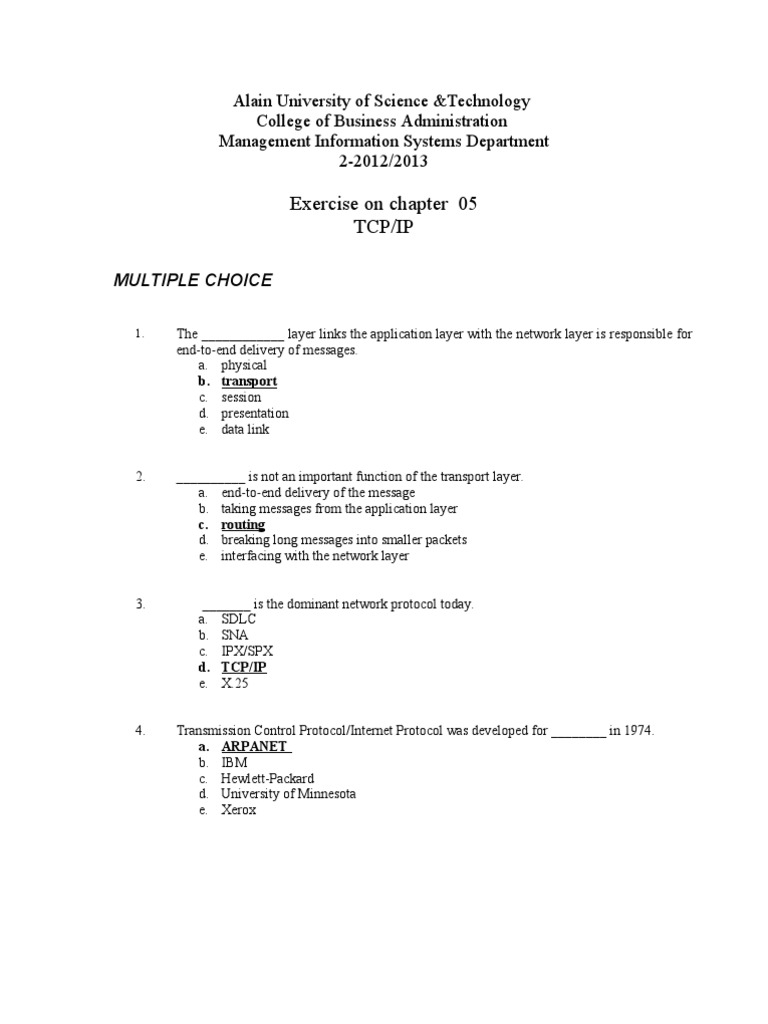 Exercise On Chapter 05 Tcp/Ip | PDF | Internet Protocols | Transmission Control Protocol