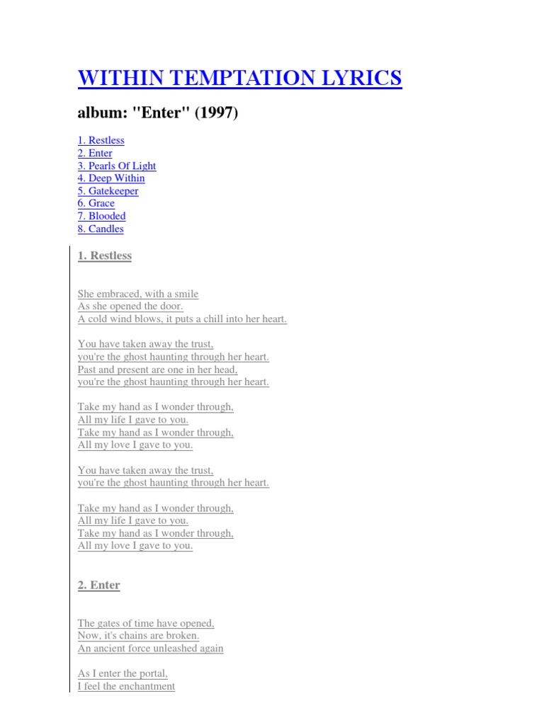 Within Temptation Lyrics | PDF | Entertainment (General) | Leisure