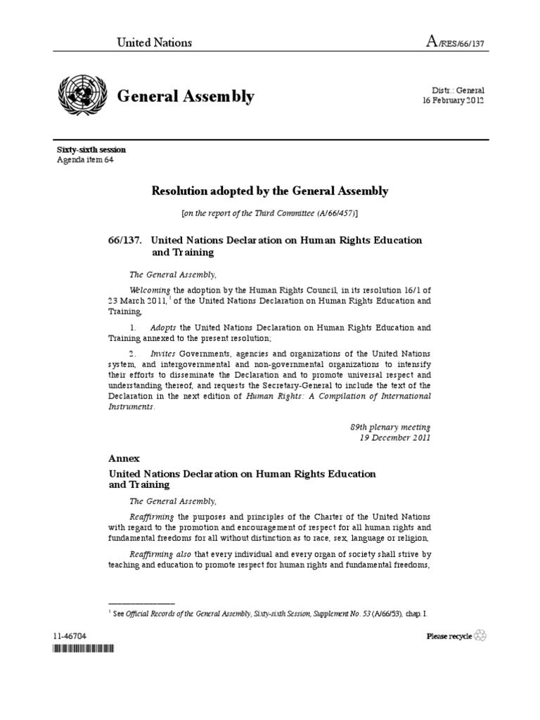 UN Declaration On Human Rights Education and Training PDF | PDF | Human ...