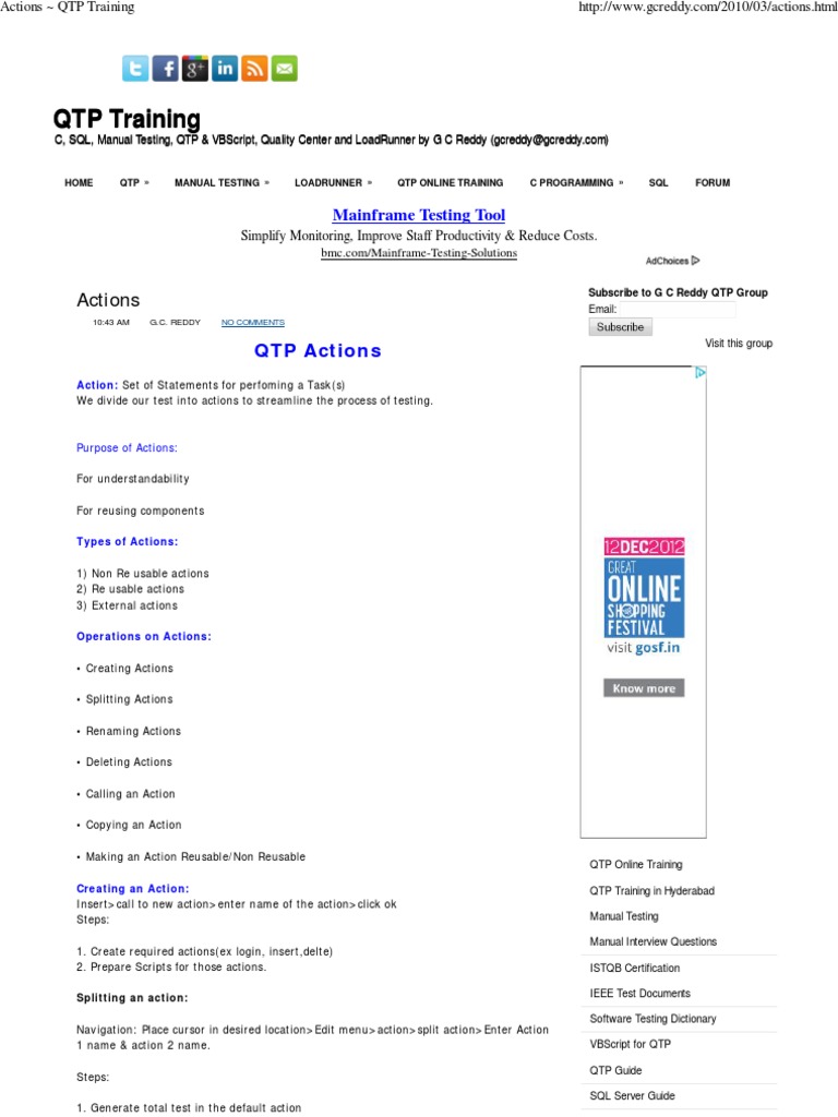 Actions Qtp Training Pdf Scripting Language Software Framework