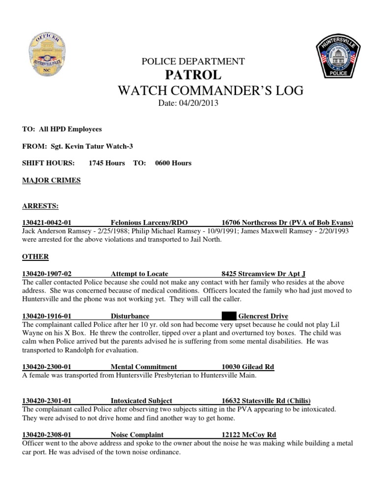 HPD Patrol Watch Log 4-20-13 Night | PDF