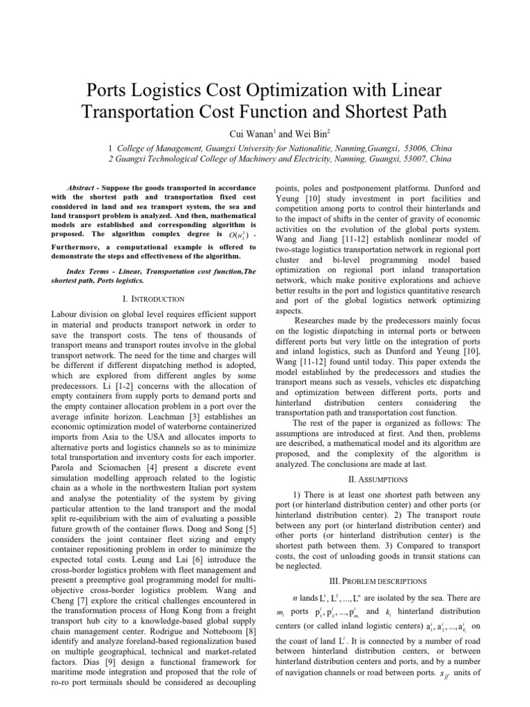 Ports Logistics Cost Optimization With Linear Transportation Cost ...