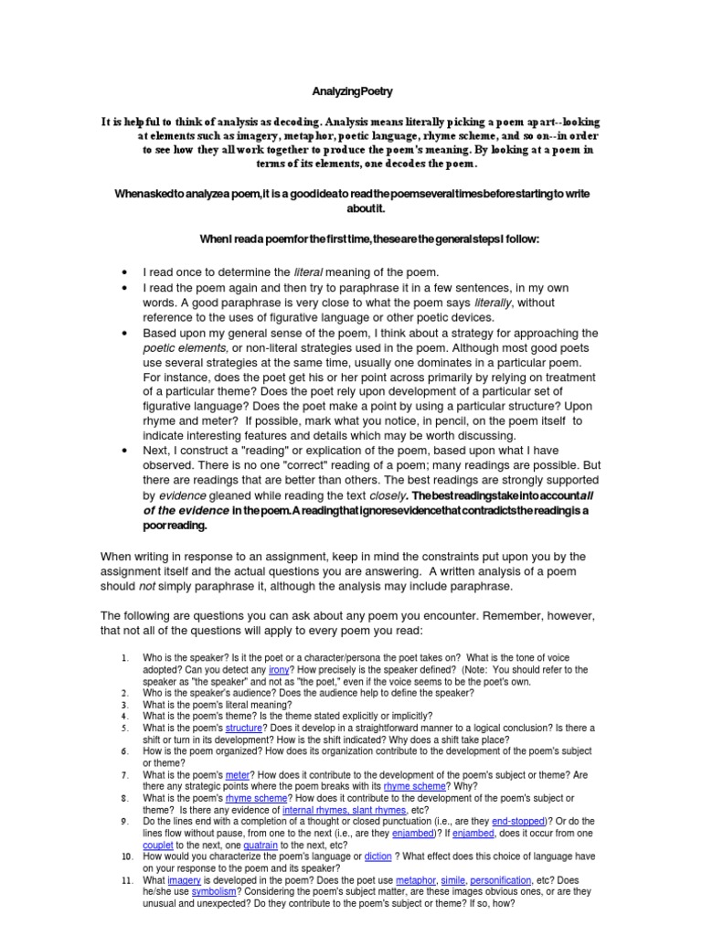 Analyzing Poetry: Poetic Elements, or Non-Literal Strategies Used in ...