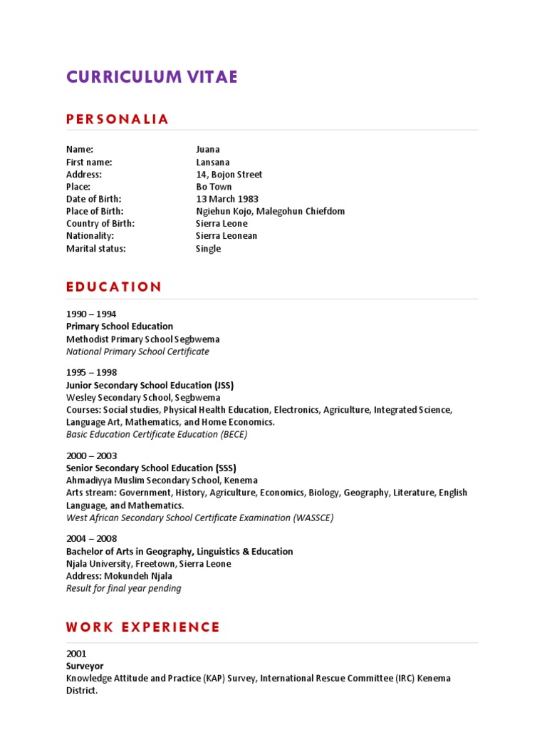 Curriculum Vitae | PDF | Sierra Leone | Secondary Education