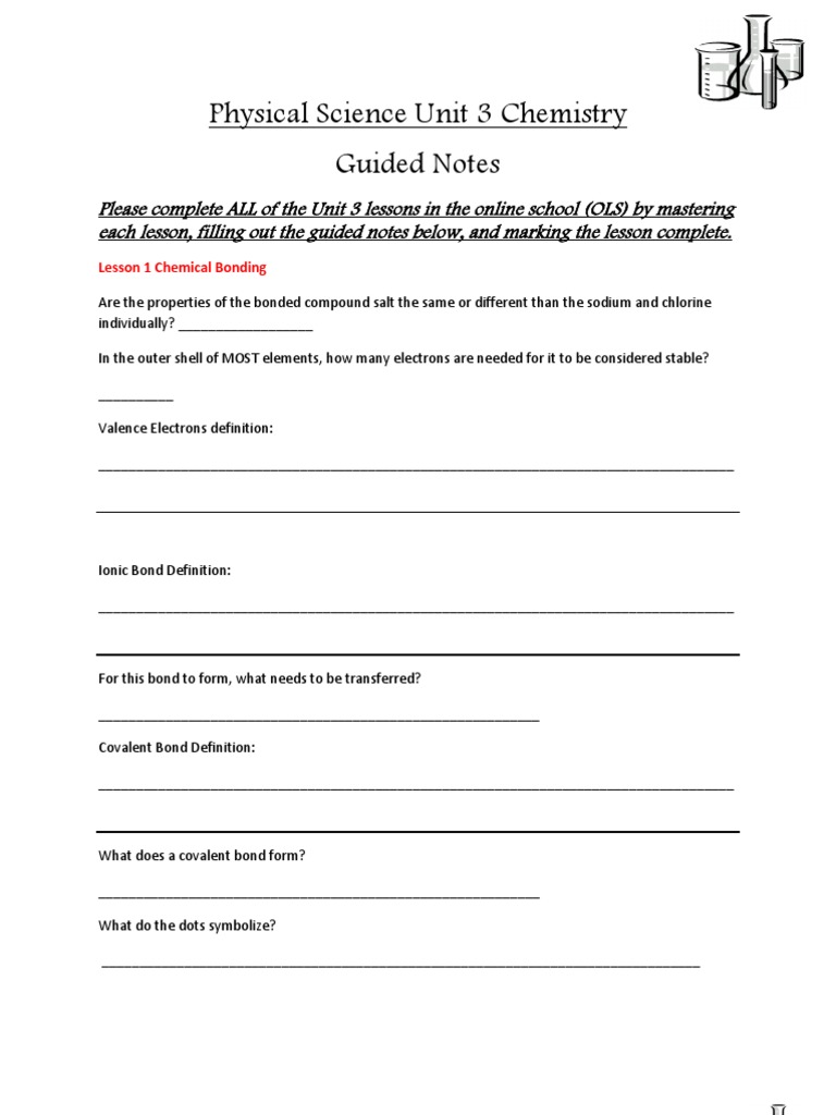 Physical Science Unit 3 Guided Notes | PDF | Chemical Bond | Chemical ...