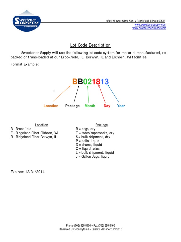 Lot Code System for Sweetener Supply | PDF | Nature