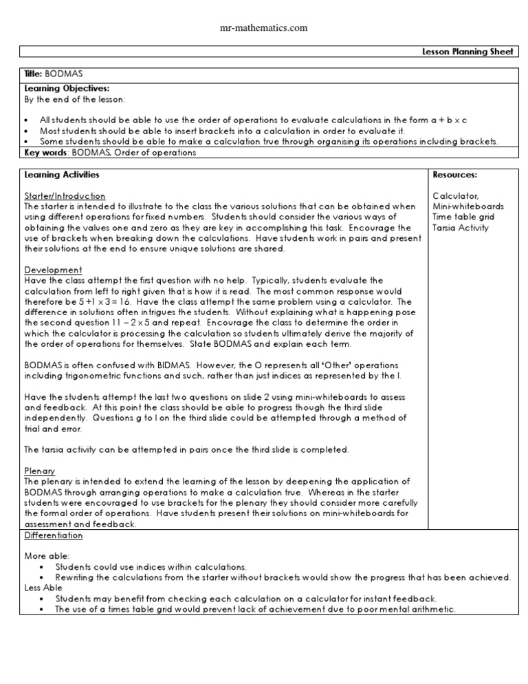 Lesson Plan Bodmas | PDF | Bracket | Calculator
