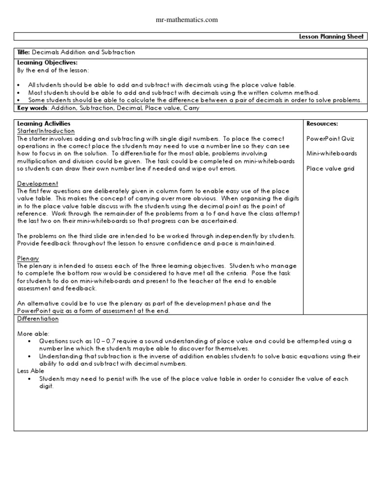 Lesson Plan Decimal Add | Subtraction | Lesson Plan