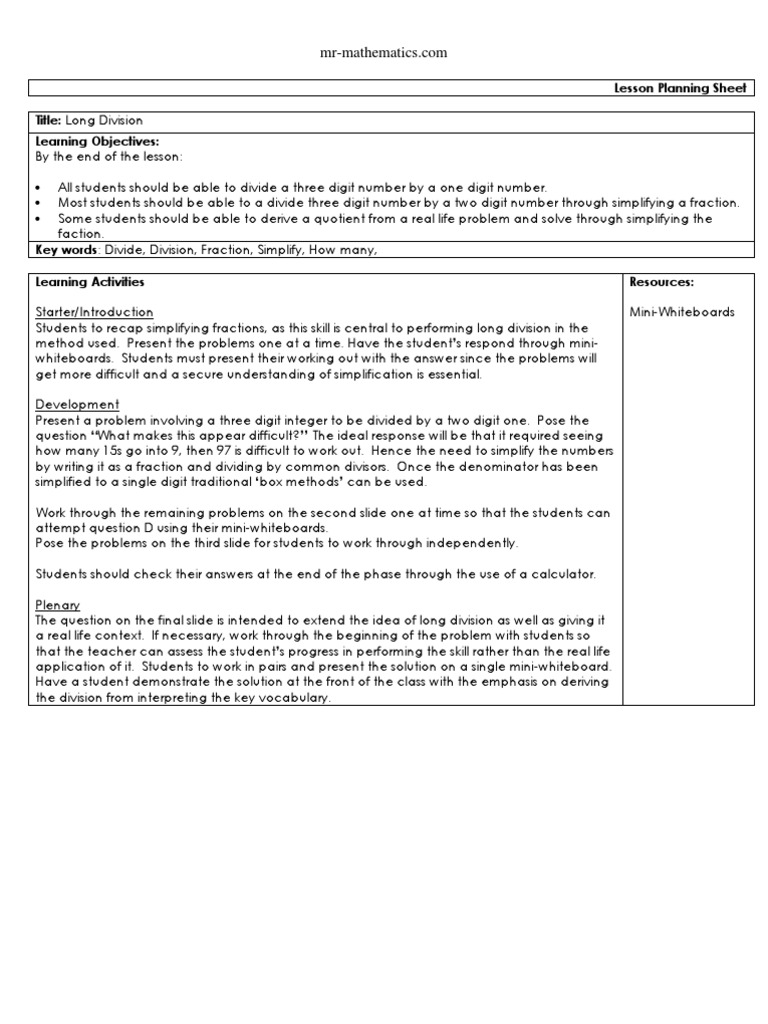 Lesson Plan Long Divsiion | PDF | Division (Mathematics) | Fraction ...
